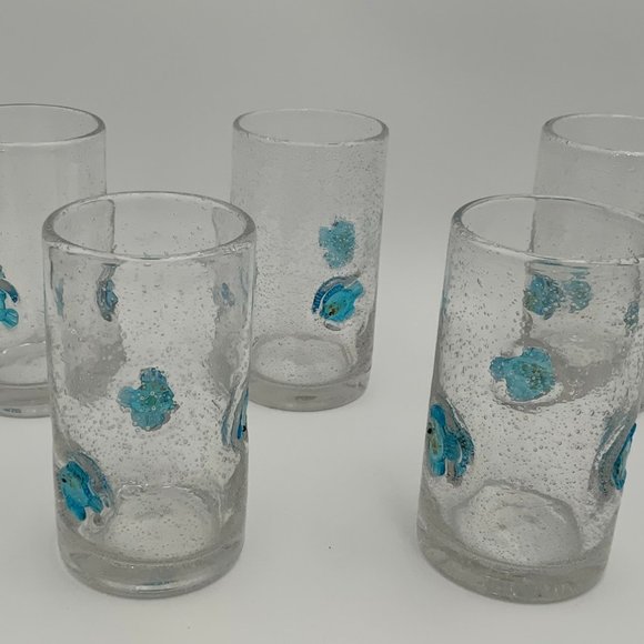 Dining | Set Of 5 Hand Blown Bubble Glass Drinking Glasses W Blue Glass ...